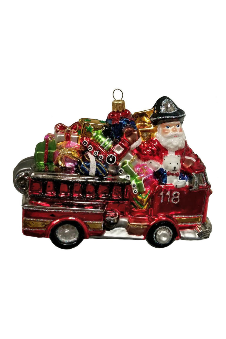 Santa Riding Fire Truck Ornament – CHROME