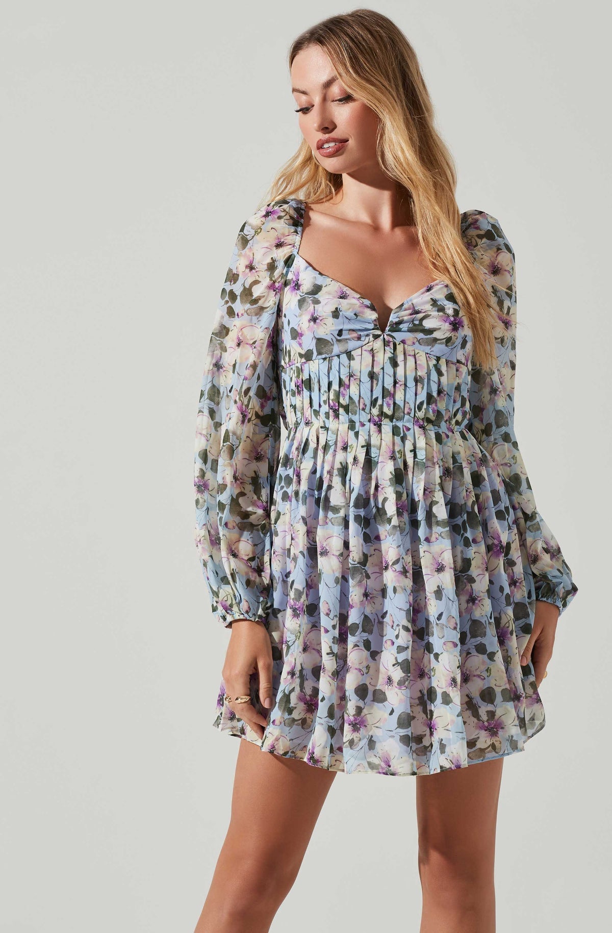 ASTR The Label Carina Floral Open Back Long-Sleeve Mini Dress in Blue ...